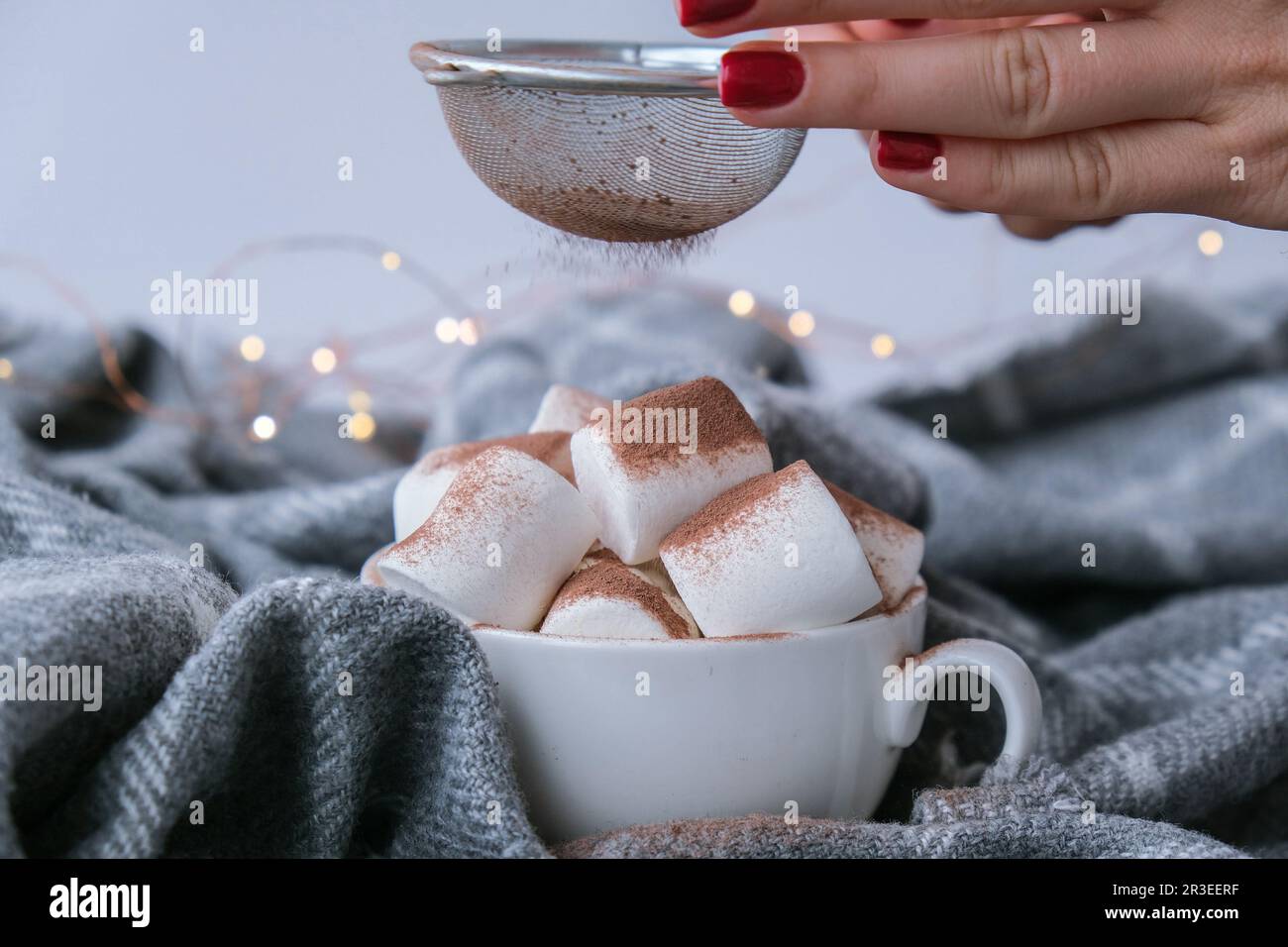 Adding cacao powder on top of hot chocolate with marshmallows in white ...