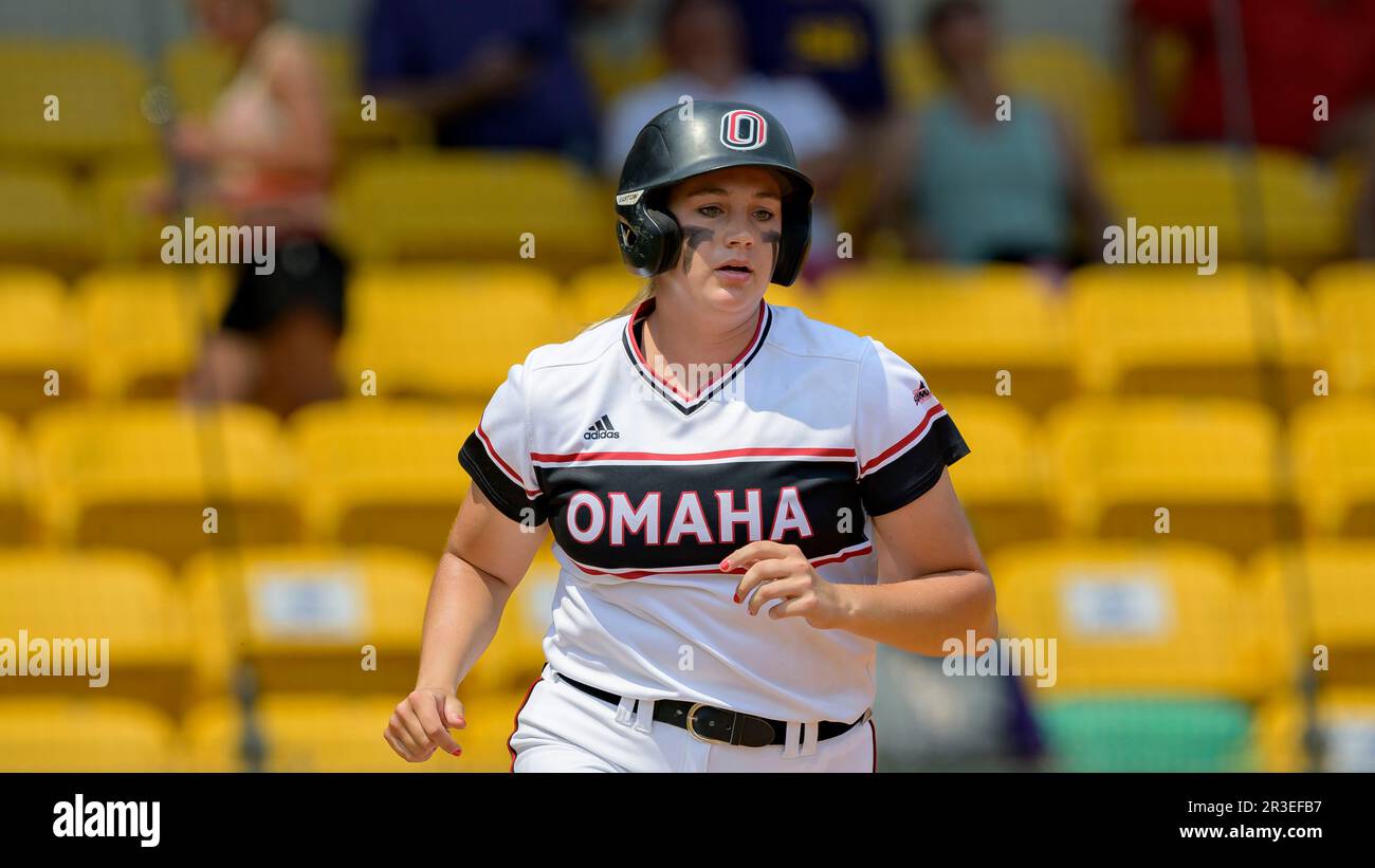 Omaha outfielder Rachel Weber (8) runs during an NCAA softball game on ...