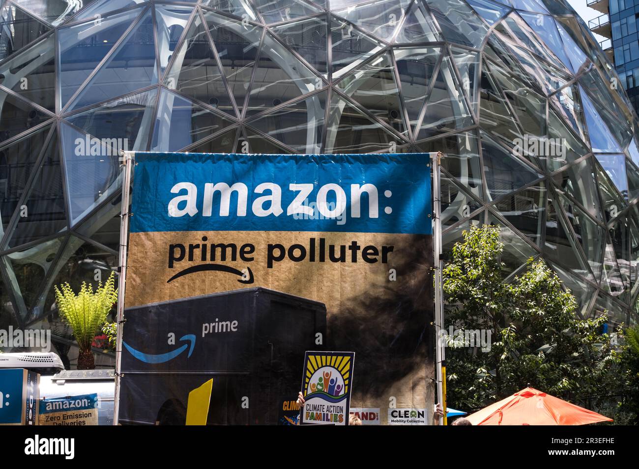 Seattle, USA. 22 May, 2023. Environmental protestors mid-day at Amazon ...