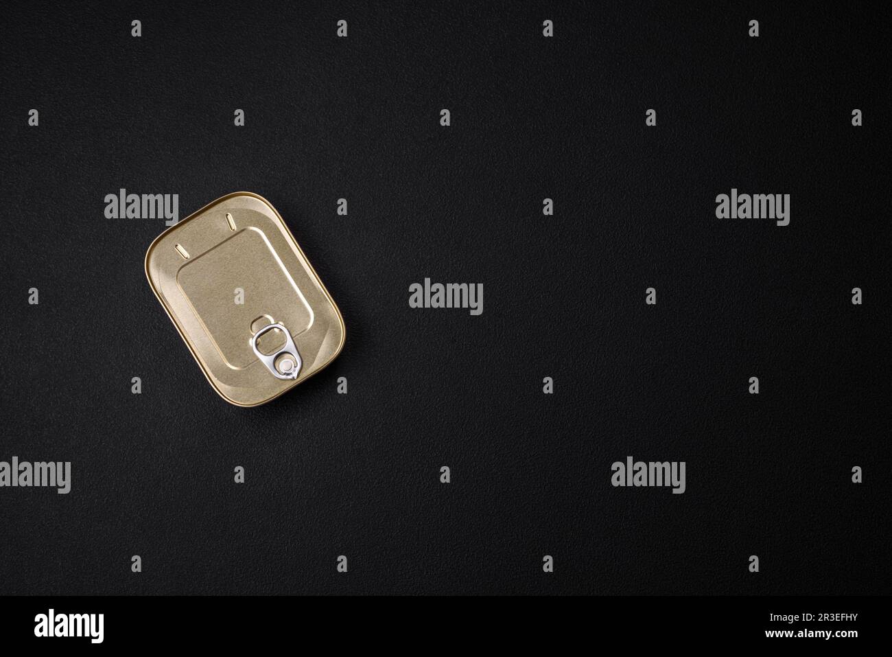 Tin or aluminum rectangular can of canned food with a key on a dark ...