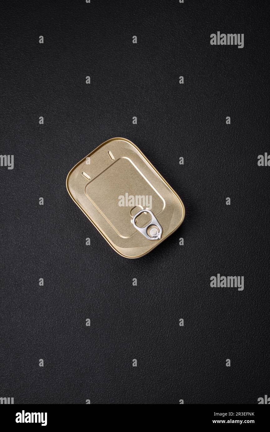 Tin or aluminum rectangular can of canned food with a key on a dark ...