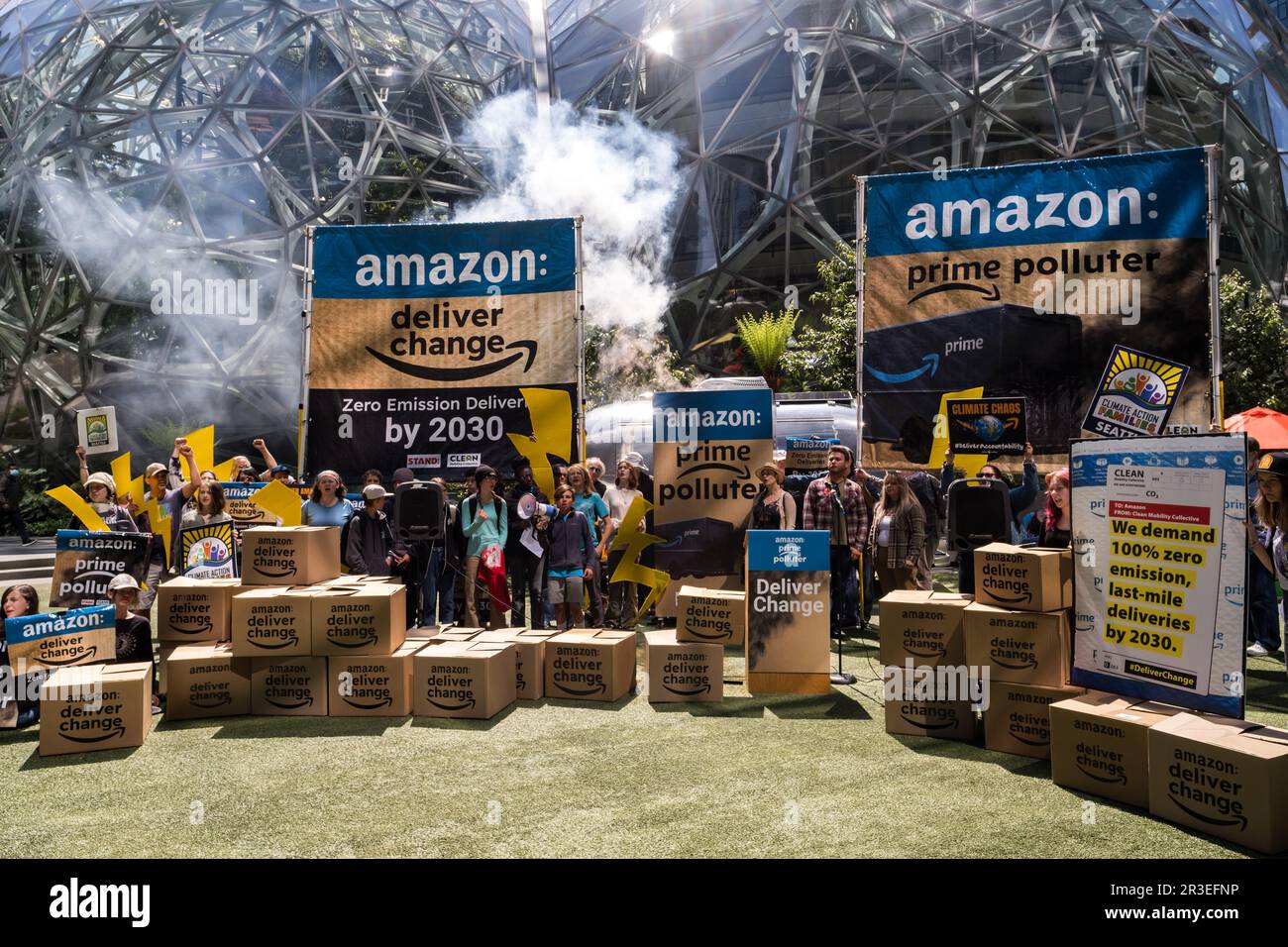 Seattle, USA. 22 May, 2023. Environmental protestors mid-day at Amazon ...