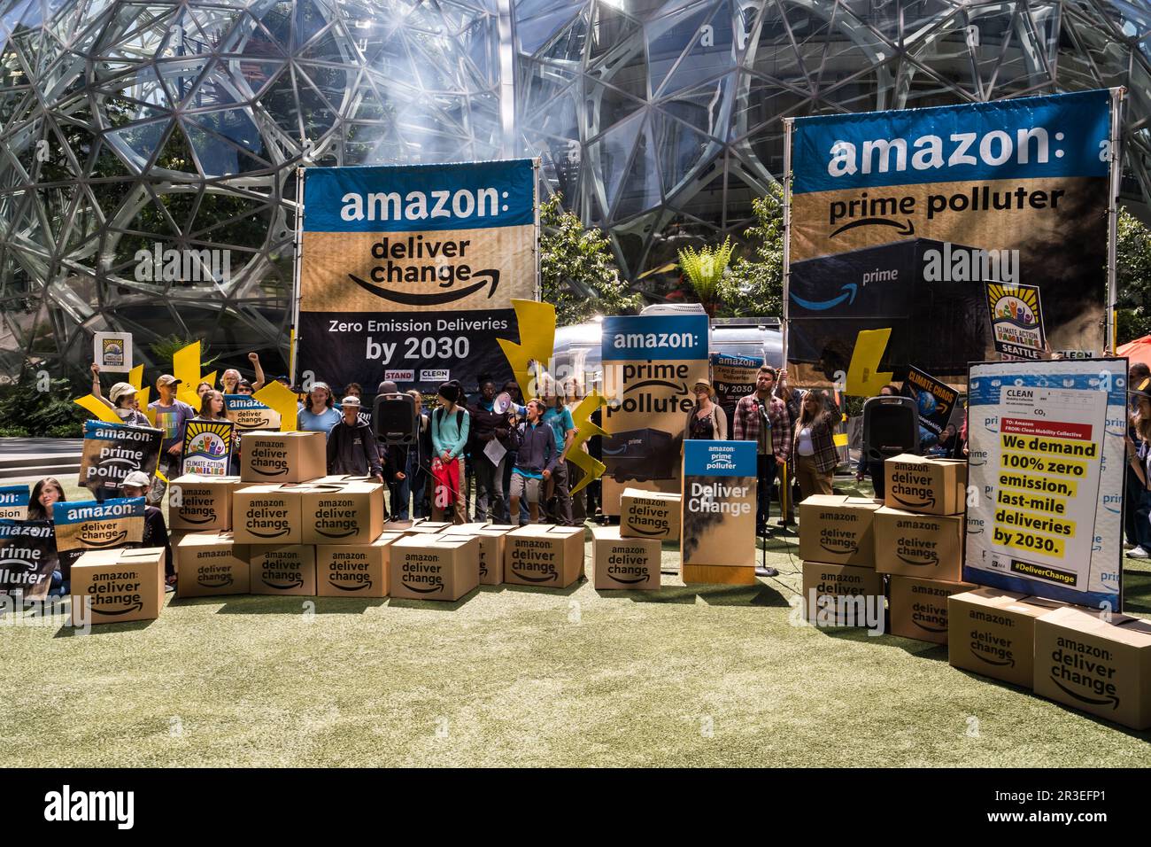 Seattle, USA. 22 May, 2023. Environmental protestors mid-day at Amazon ...