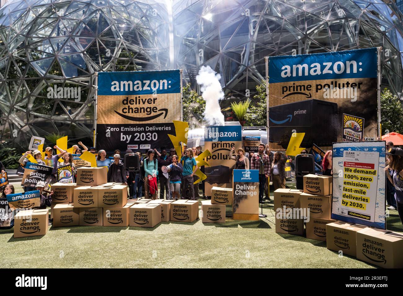 Seattle, USA. 22 May, 2023. Environmental protestors mid-day at Amazon ...