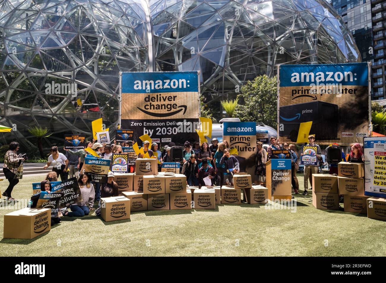 Seattle, USA. 22 May, 2023. Environmental protestors mid-day at Amazon ...