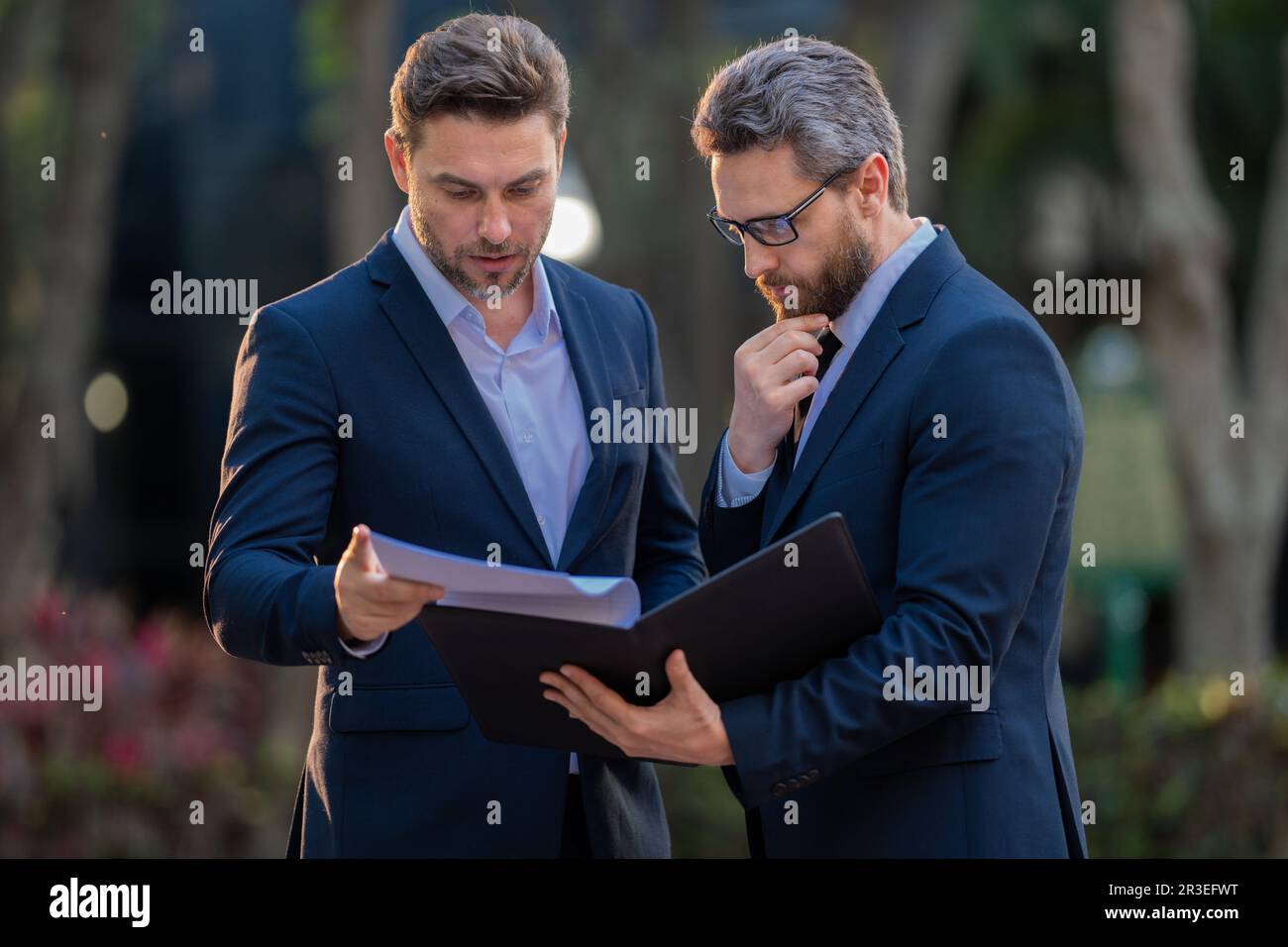Business man in suit outdoor on american city street. Idea generation ...