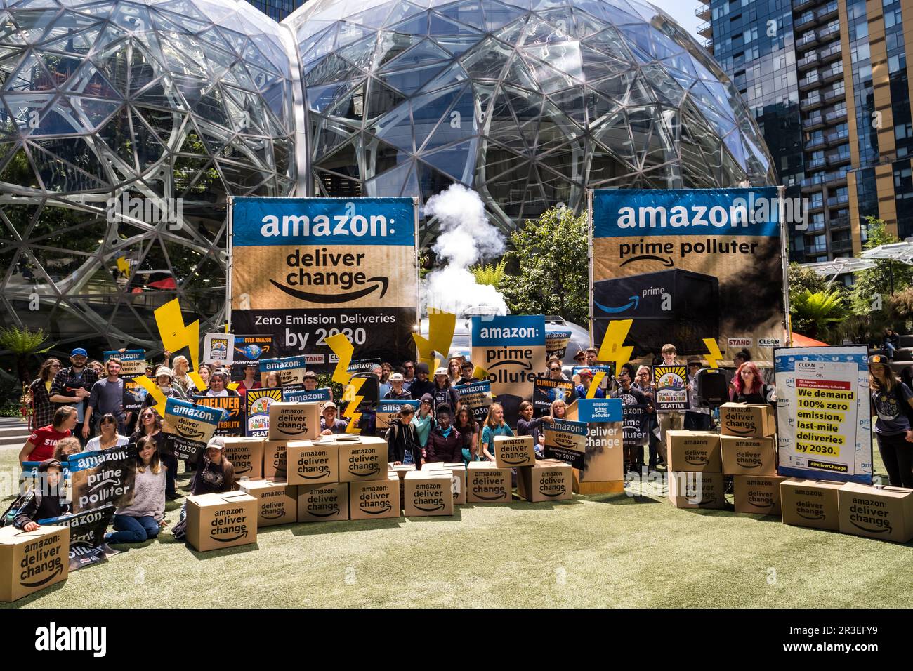 Seattle, USA. 22 May, 2023. Environmental protestors mid-day at Amazon ...