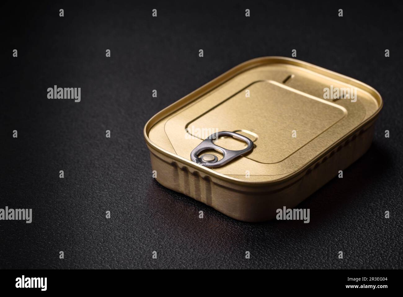 Tin or aluminum rectangular can of canned food with a key on a dark ...