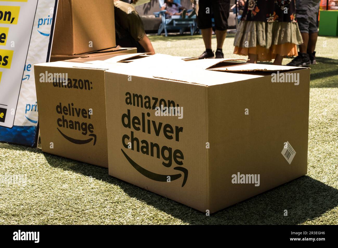 Seattle, USA. 22 May, 2023. Environmental protestors mid-day at Amazon ...