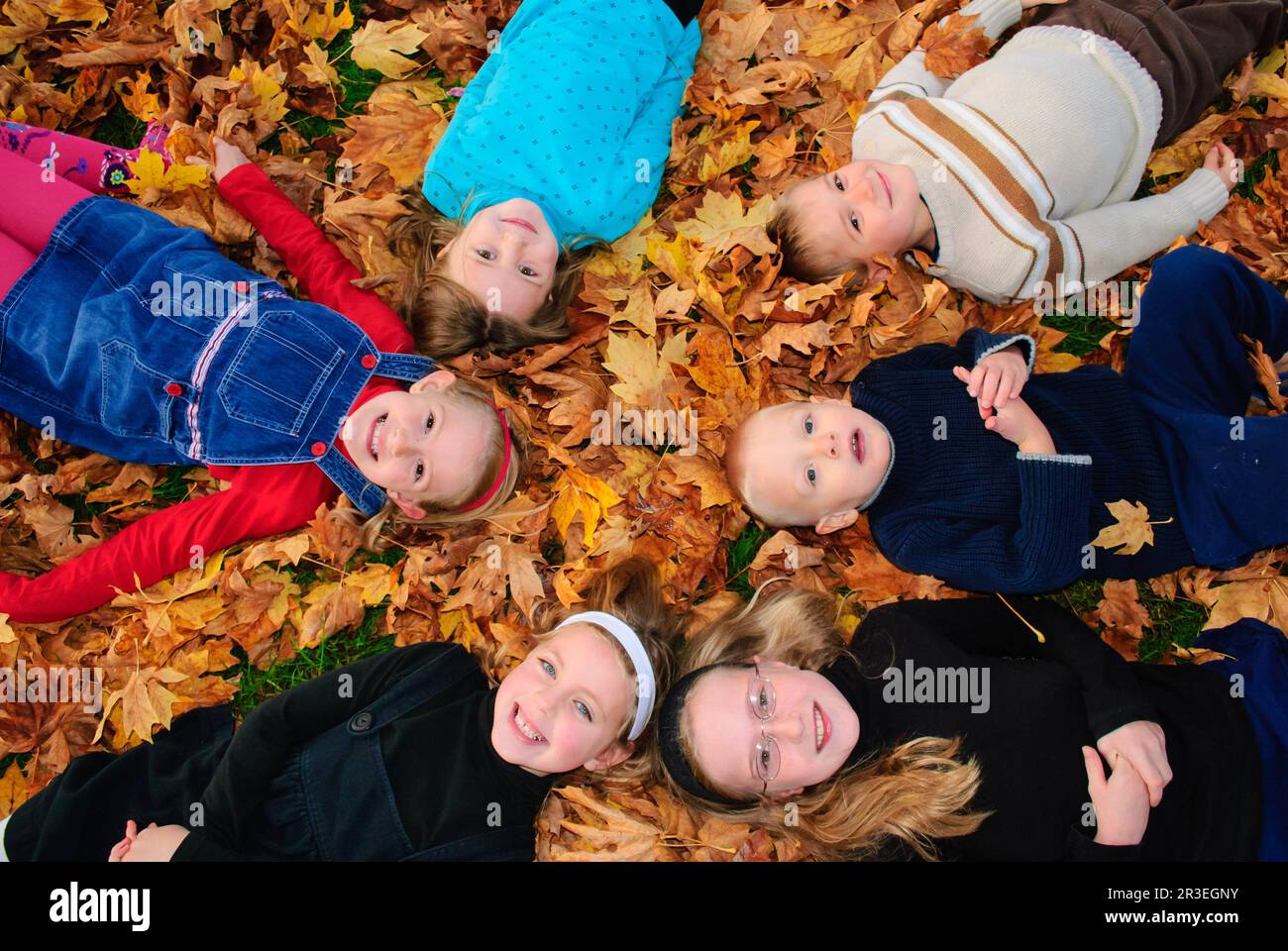 Group of kids playing in the fall leaves Stock Photo - Alamy