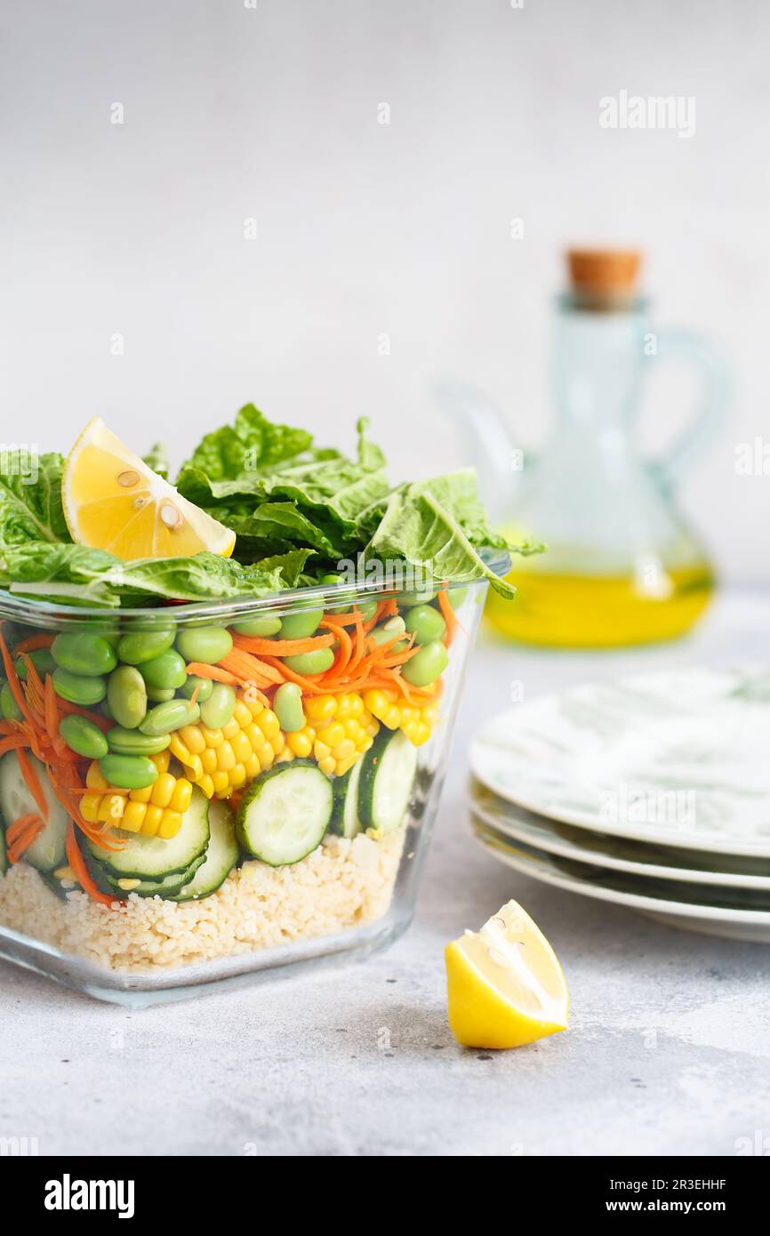 Glass box with fresh raw vegetable salad. Healthy Meal recipe ...