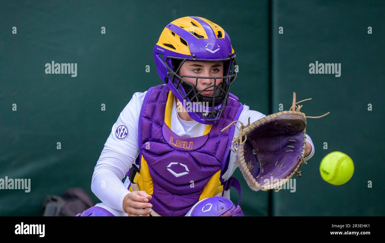 LSU catcher Maci Bergeron (12) catches during an NCAA softball game on ...