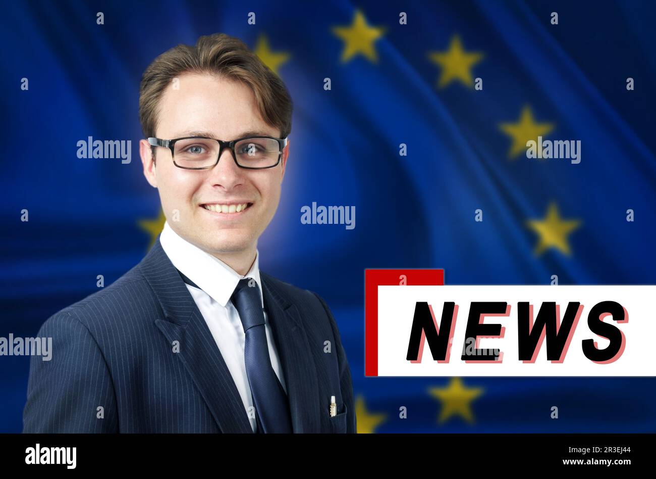 News anchor, tells the latest news, smiling, against the background of ...