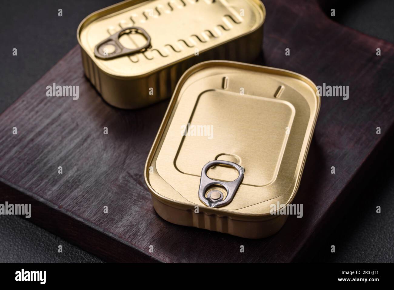 Tin or aluminum rectangular can of canned food with a key on a dark ...