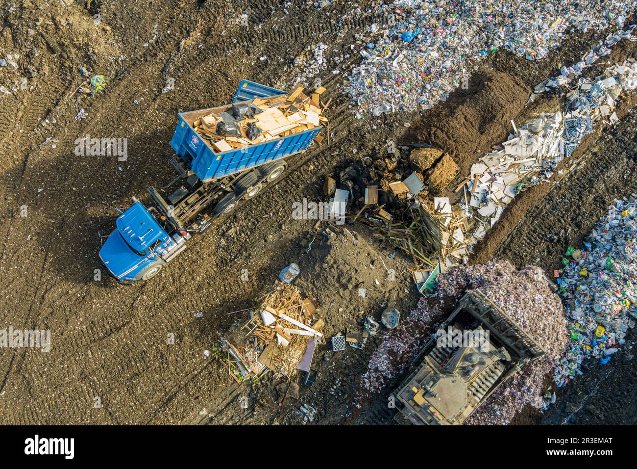 Aerial view of garbage dump landfill municipal waste facility ...