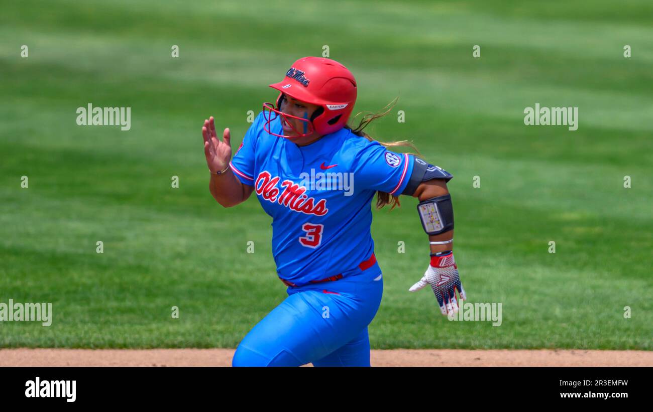 Ole Miss infielder Keila Kamoku (3) runs to third base during an NCAA ...