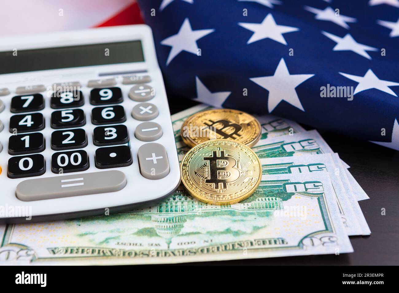 American flag background and bitcoin, new economy on the internet Stock ...