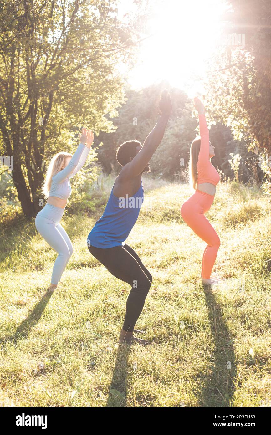 The young diverse people practice yoga in nature Stock Photo - Alamy