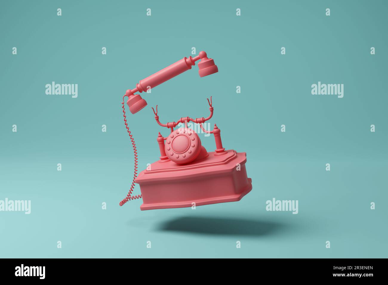 Vintage pink phone and receiver floating in mid air on green background ...
