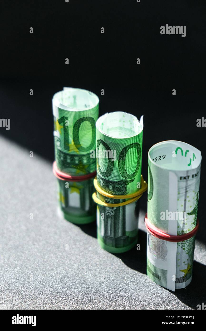 Close up of Euro money roll. Euro banknote set cash money - EU currency ...