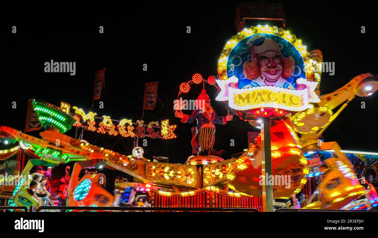 Odessa Ukraine July 2021: illumination working theme park. Spinning ...
