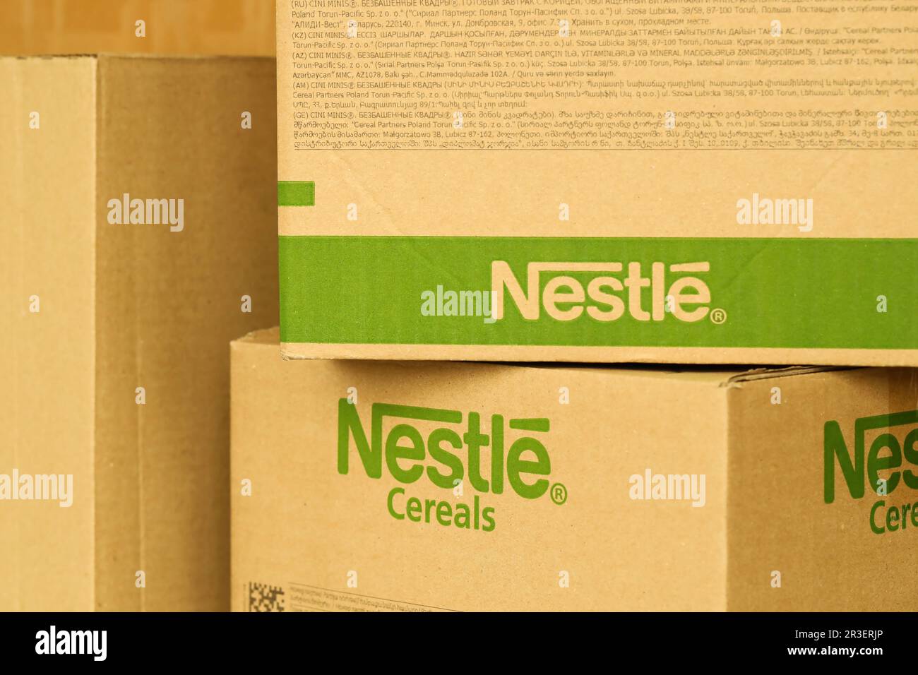 KYIV, UKRAINE - MAY 4, 2022 Big cardboard boxes with logo of Nestle ...
