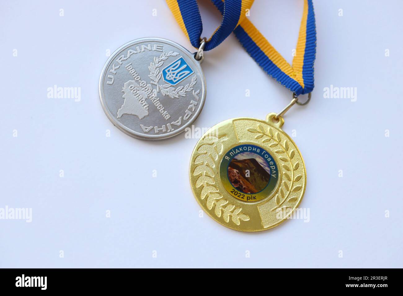 KYIV, UKRAINE - MAY 4, 2022 Medal for the person who conquered Mount ...