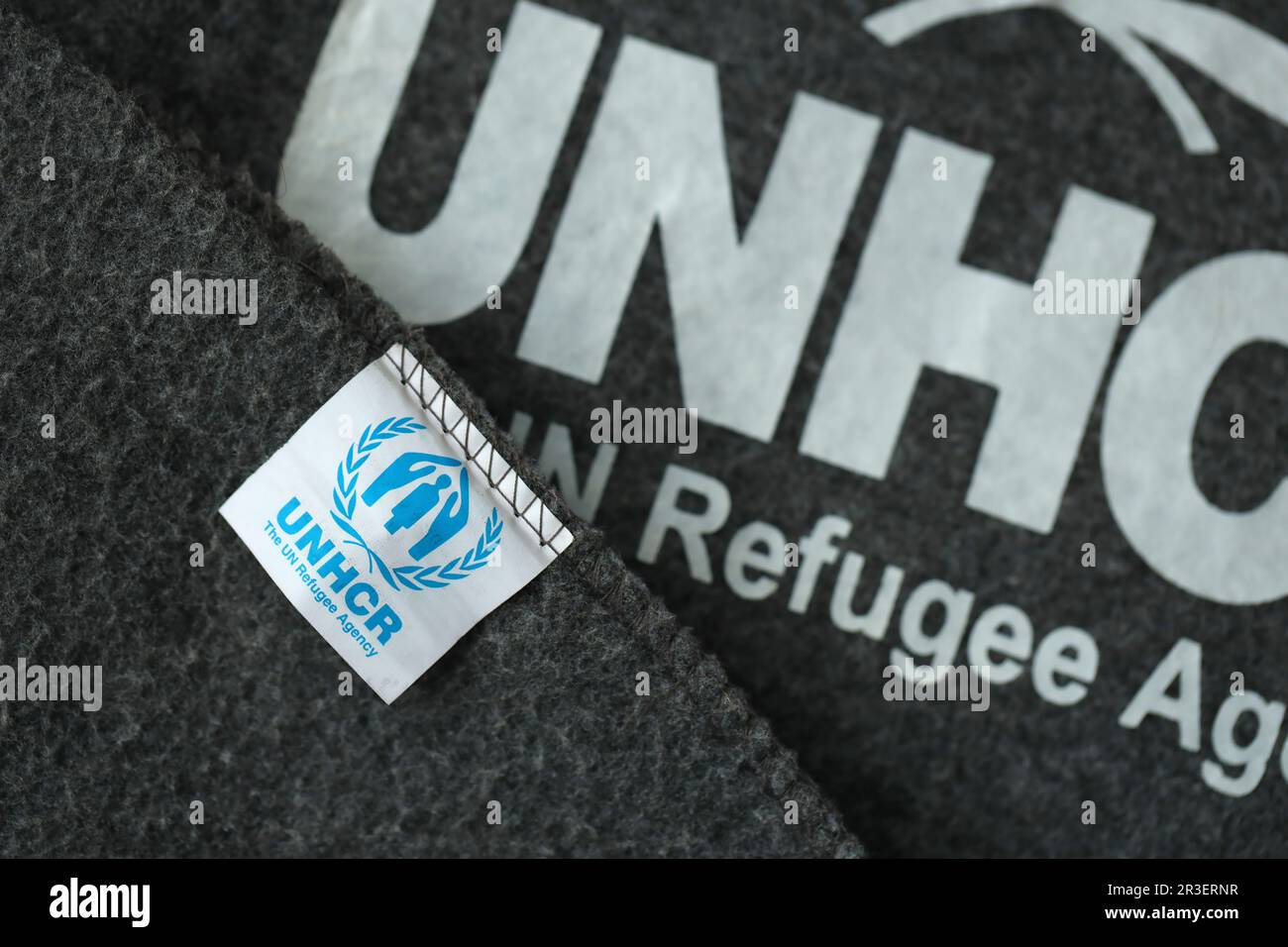KYIV, UKRAINE - MAY 4, 2022 UNHCR The UN Refugee Agency logo on ...