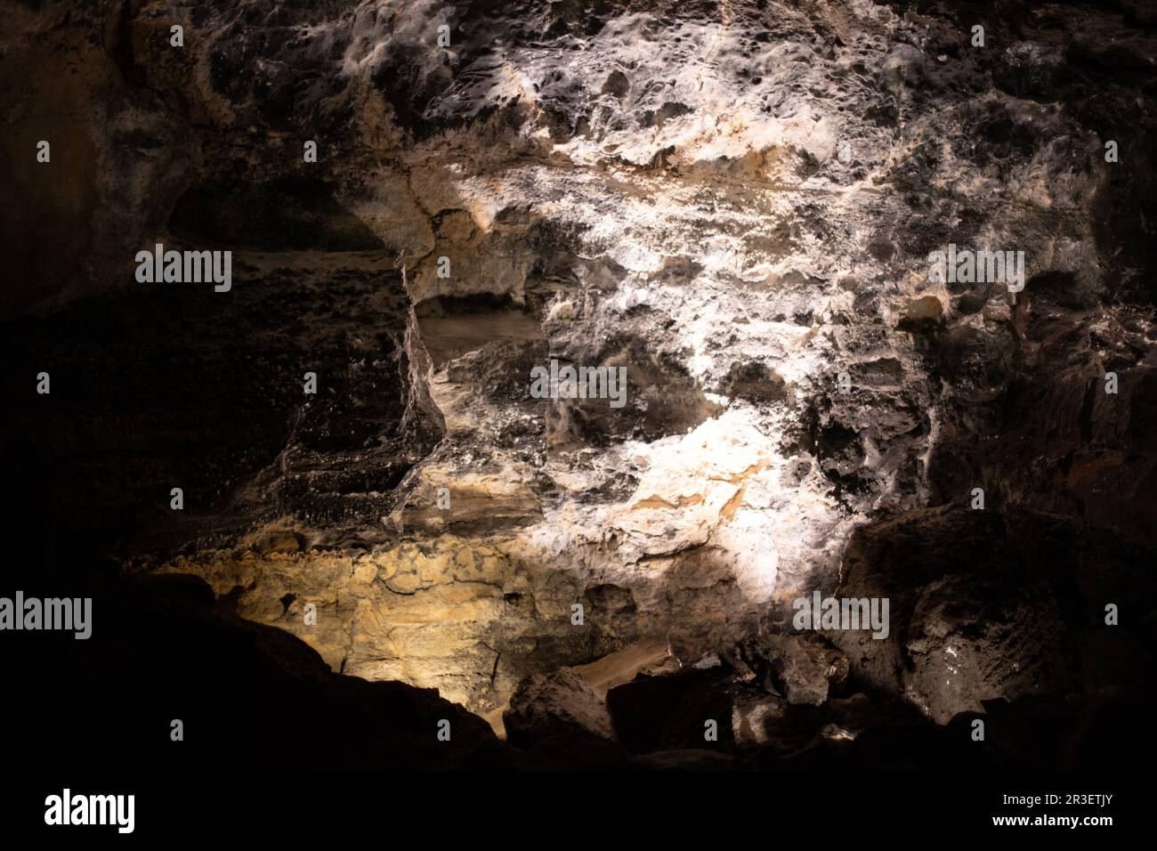 Rock and volcanic formations in the Cueva de los Verdes in Lanzarote, a ...