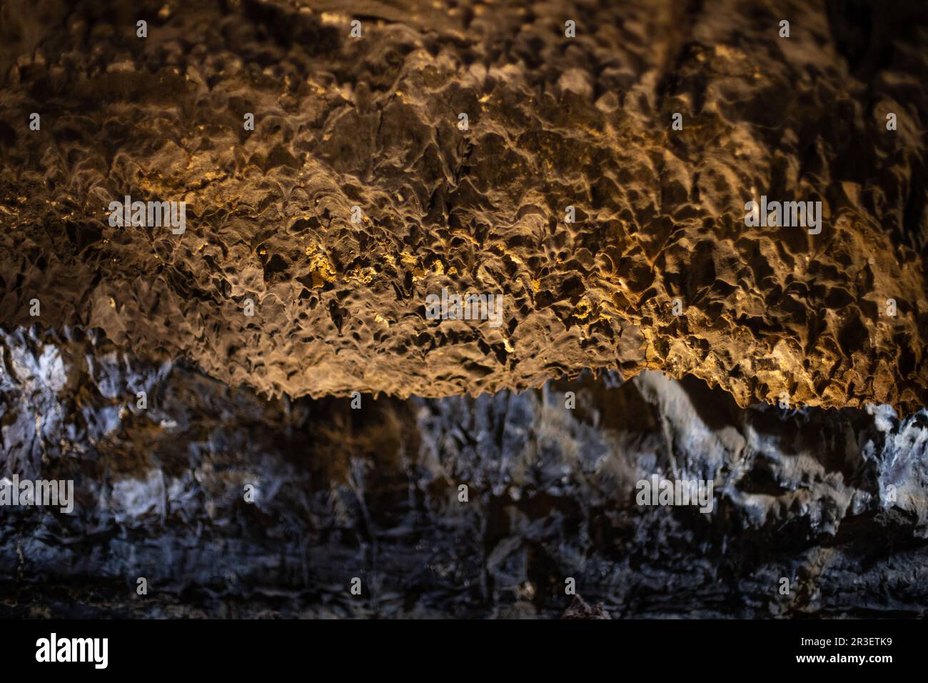 Rock and volcanic formations in the Cueva de los Verdes in Lanzarote, a ...