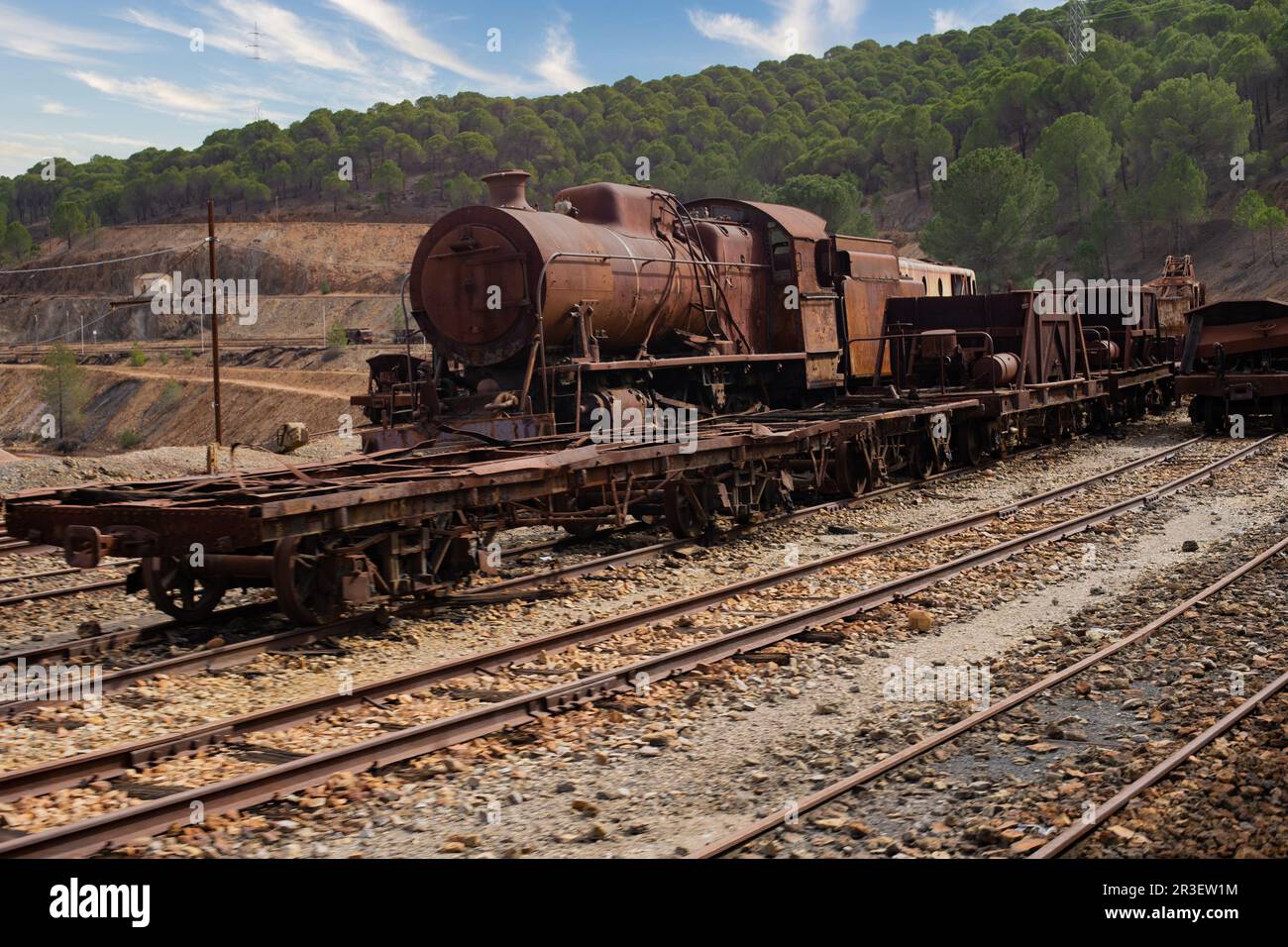 Steam engine and freight cars rusting on tracks outside. Train at Rio ...