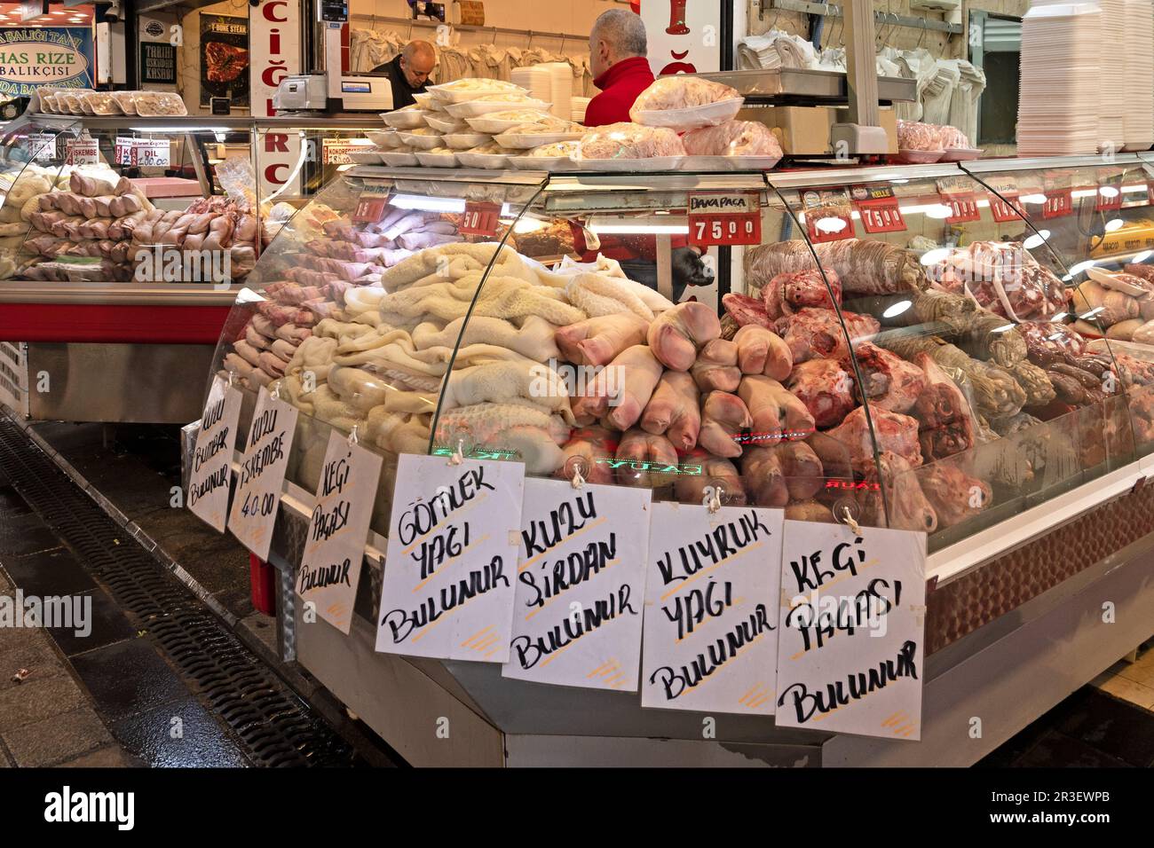 Lamb tripe, goat's feet, and offal in a market stall in the Uskudar ...