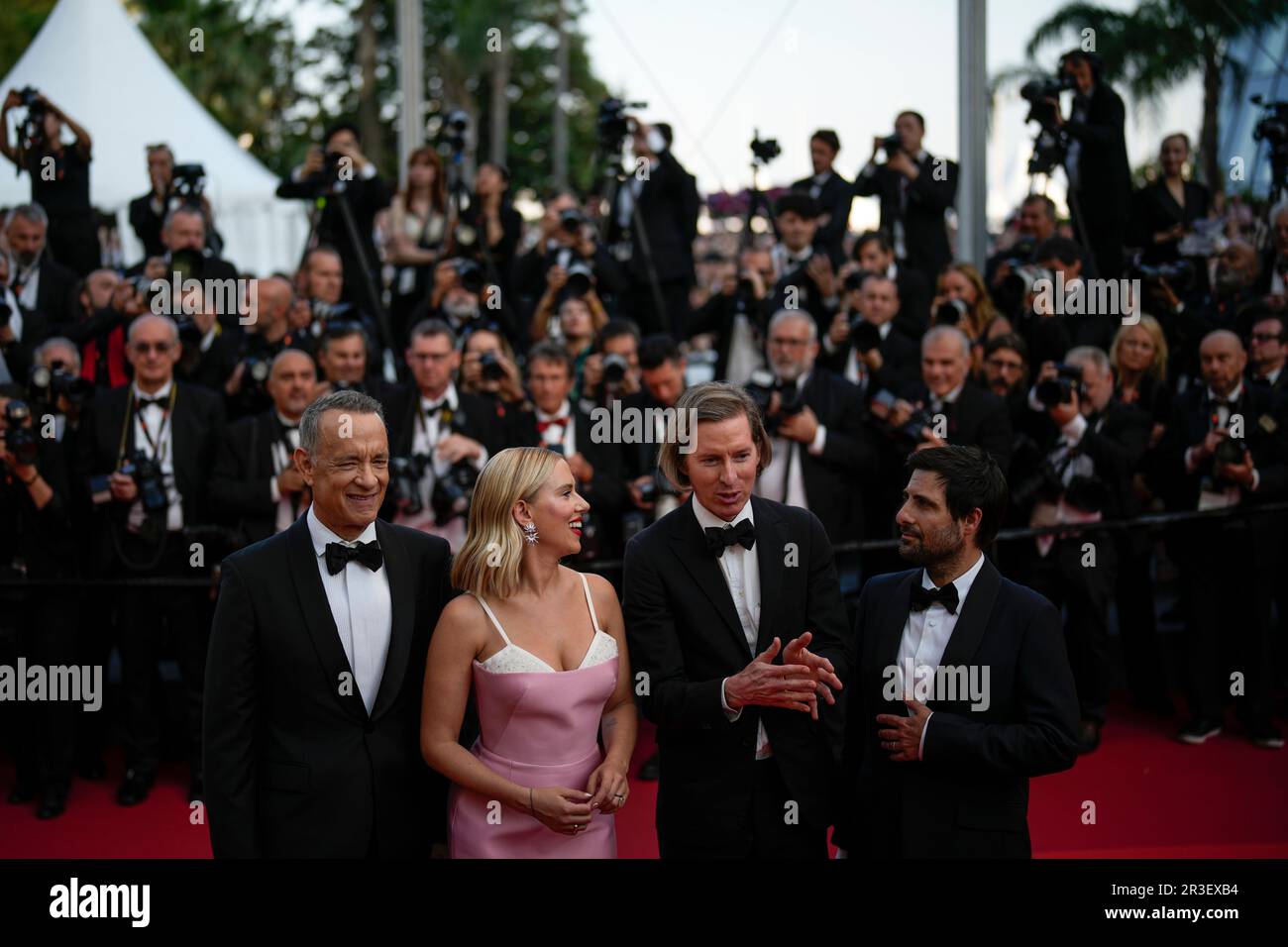 Tom Hanks, from left, Scarlett Johansson, director Wes Anderson and Jason Schwartzman pose for ...