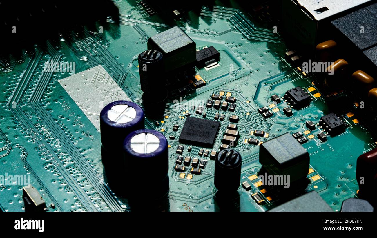 Macro Close up of components and microchips on PC circuit board Stock ...
