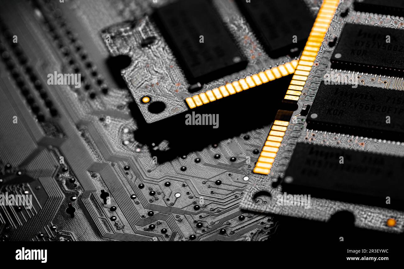 Macro Close up of computer RAM chip and motherboard Stock Photo - Alamy