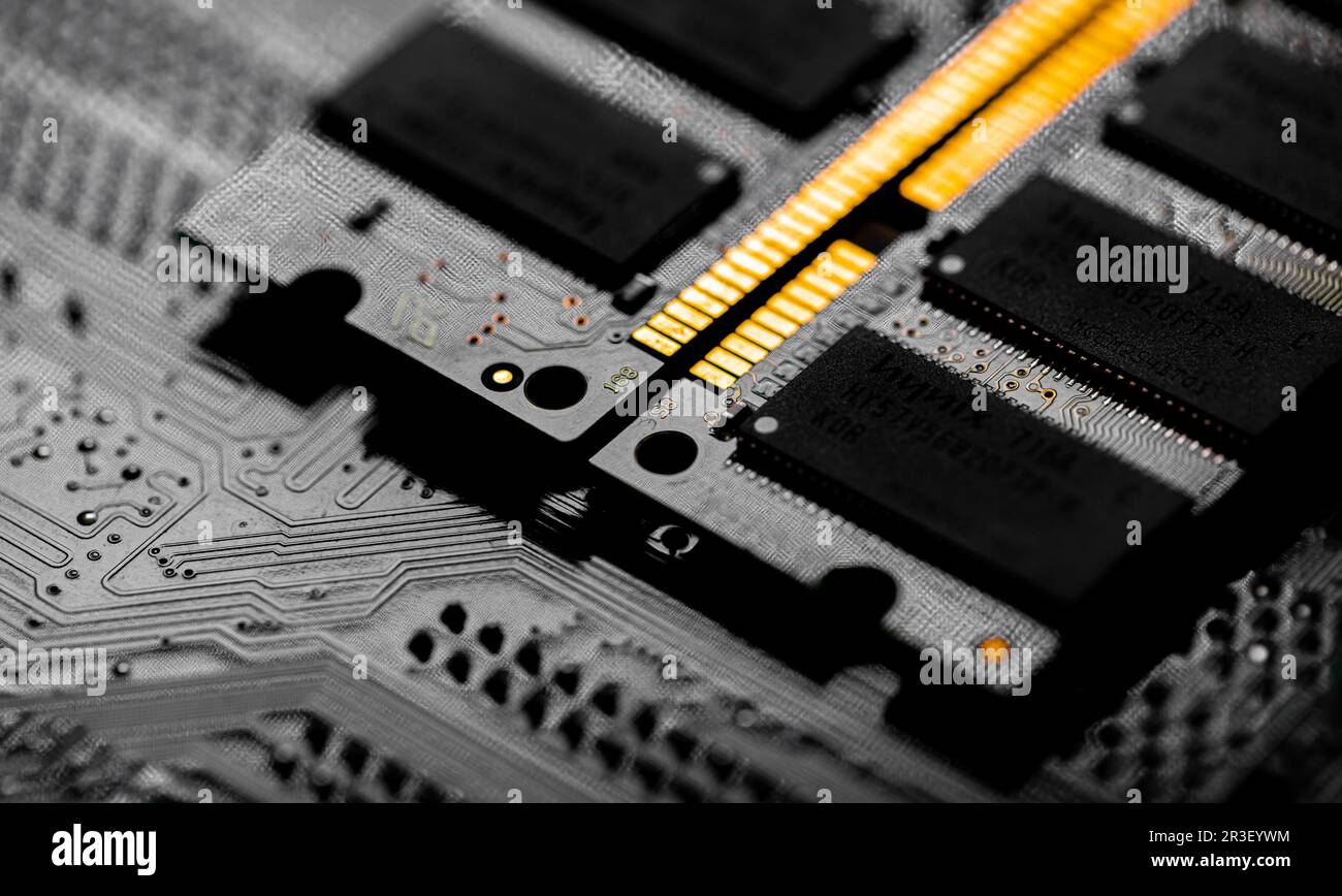 Macro Close up of computer RAM chip and motherboard Stock Photo - Alamy