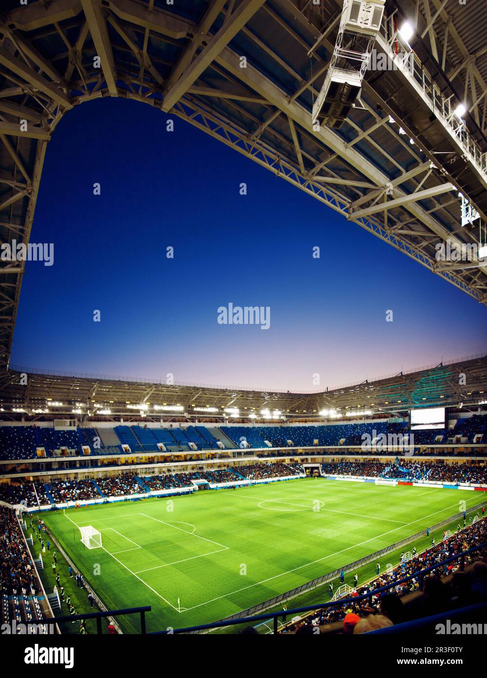 Football stadium, shiny lights, view from field. Soccer concept Stock ...