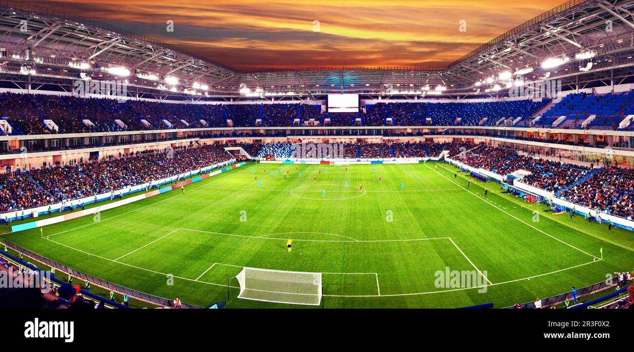 Football stadium, shiny lights, view from field. Soccer concept Stock ...