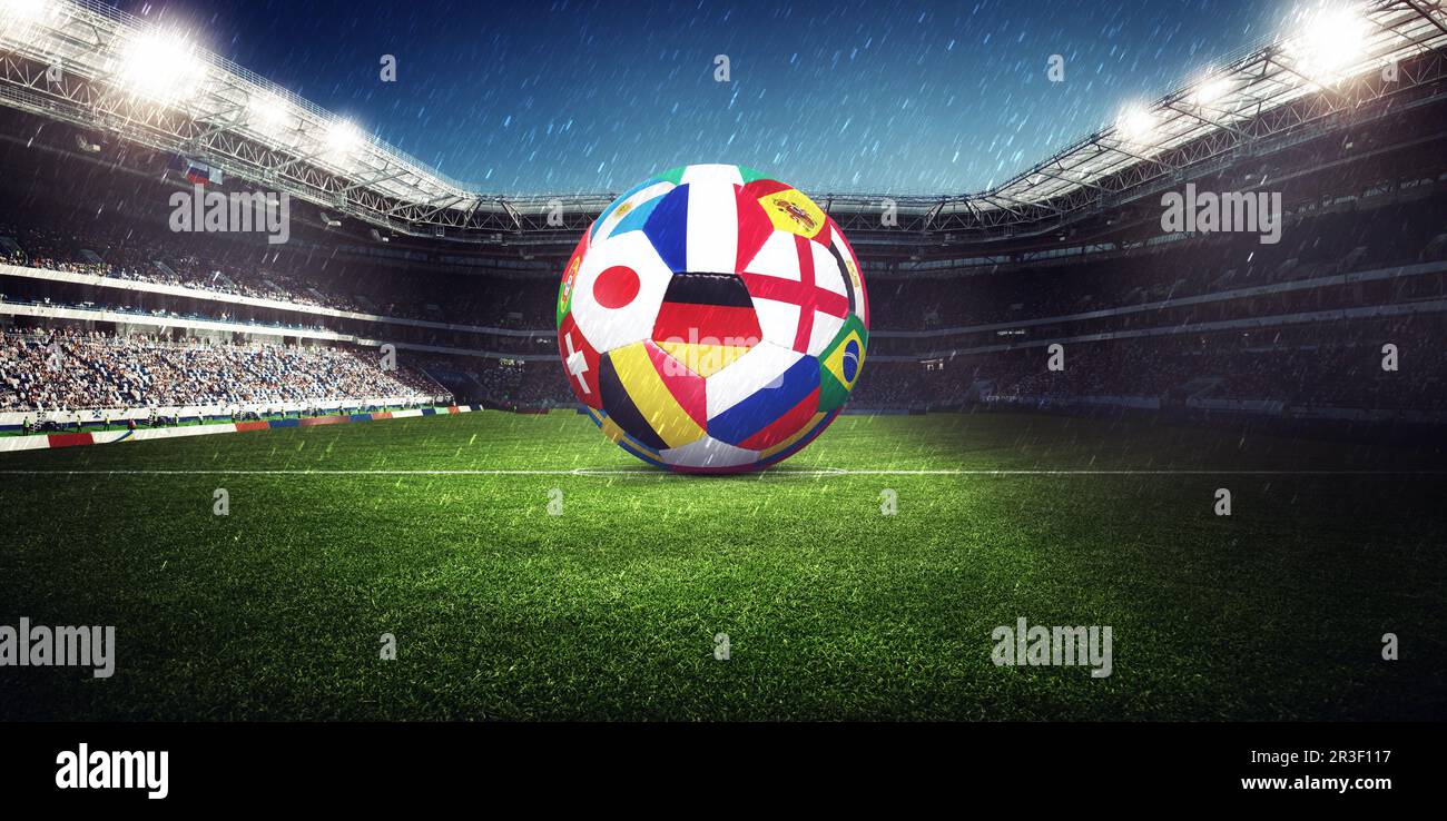 Football stadium, shiny lights, view from field. Soccer concept Stock ...