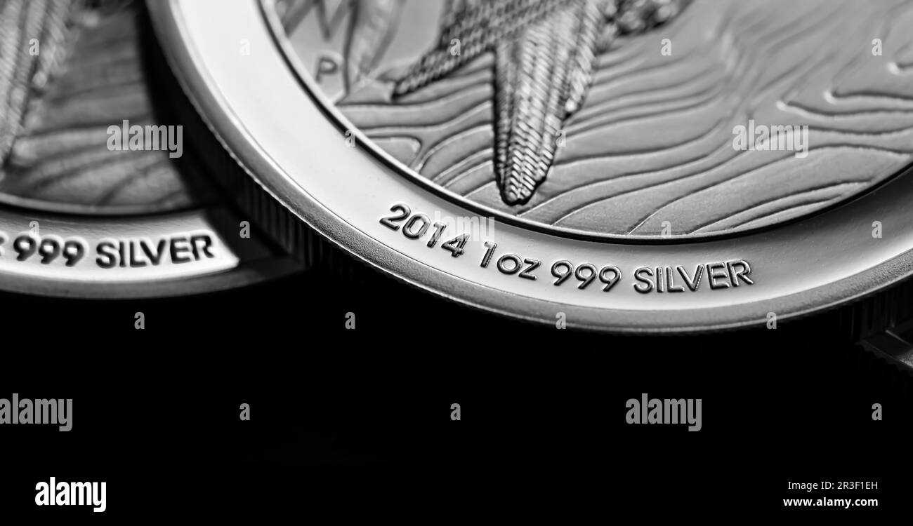Close up of Silver Bullion Coin on a black mirror background Stock ...