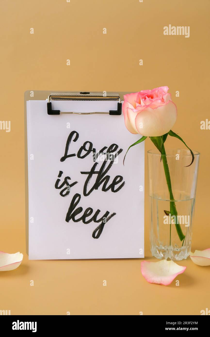 LOVE IS THE KEY text on greeting card paper note. Delicate pink roses ...