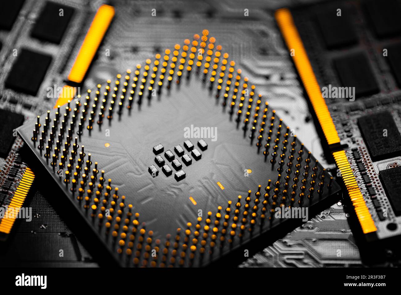 Close up of RAM Memory and pins on Main CPU PC processor circuit board ...