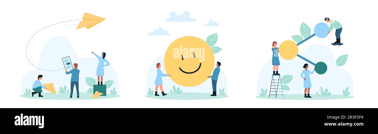 Social media set vector illustration. Cartoon tiny people send paper ...