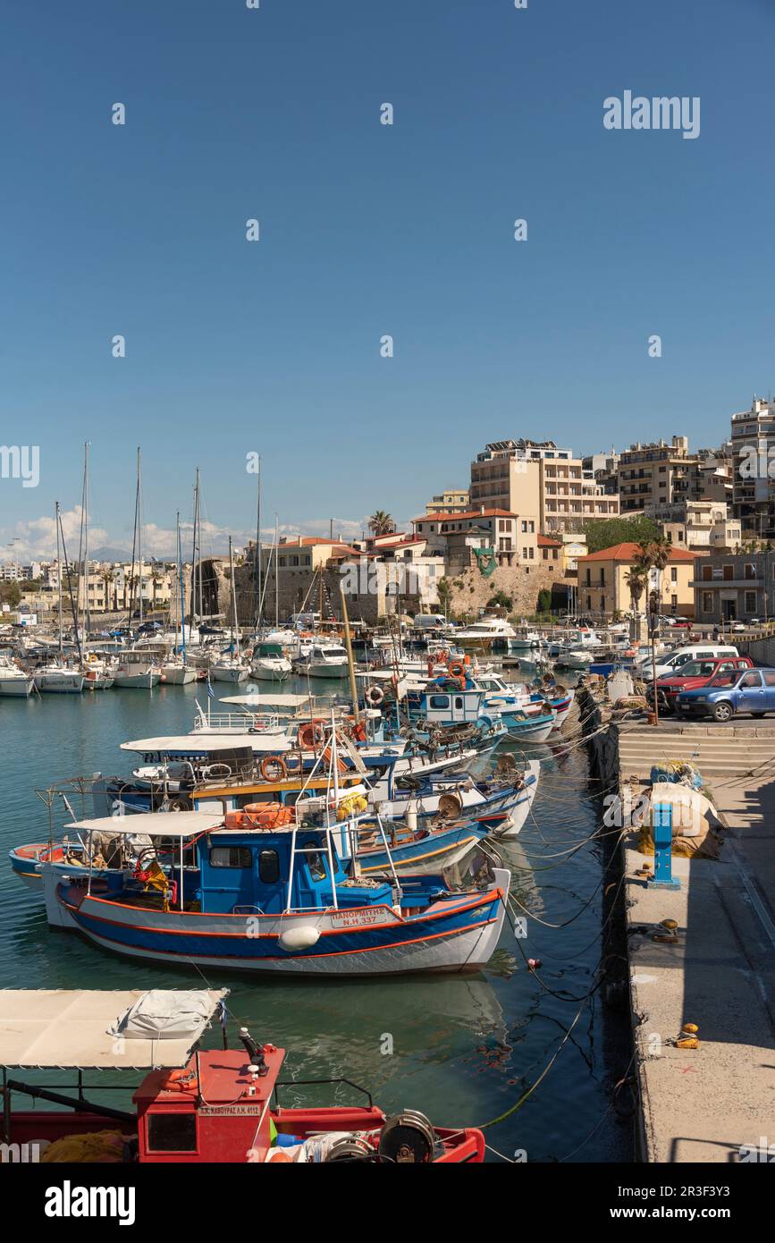 Heraklion, Crete, Greece, Europe. 2023. Fishing boats berthed inner ...