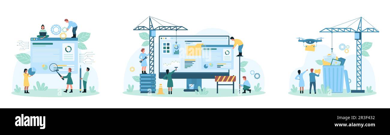 File data management set vector illustration. Cartoon tiny people ...