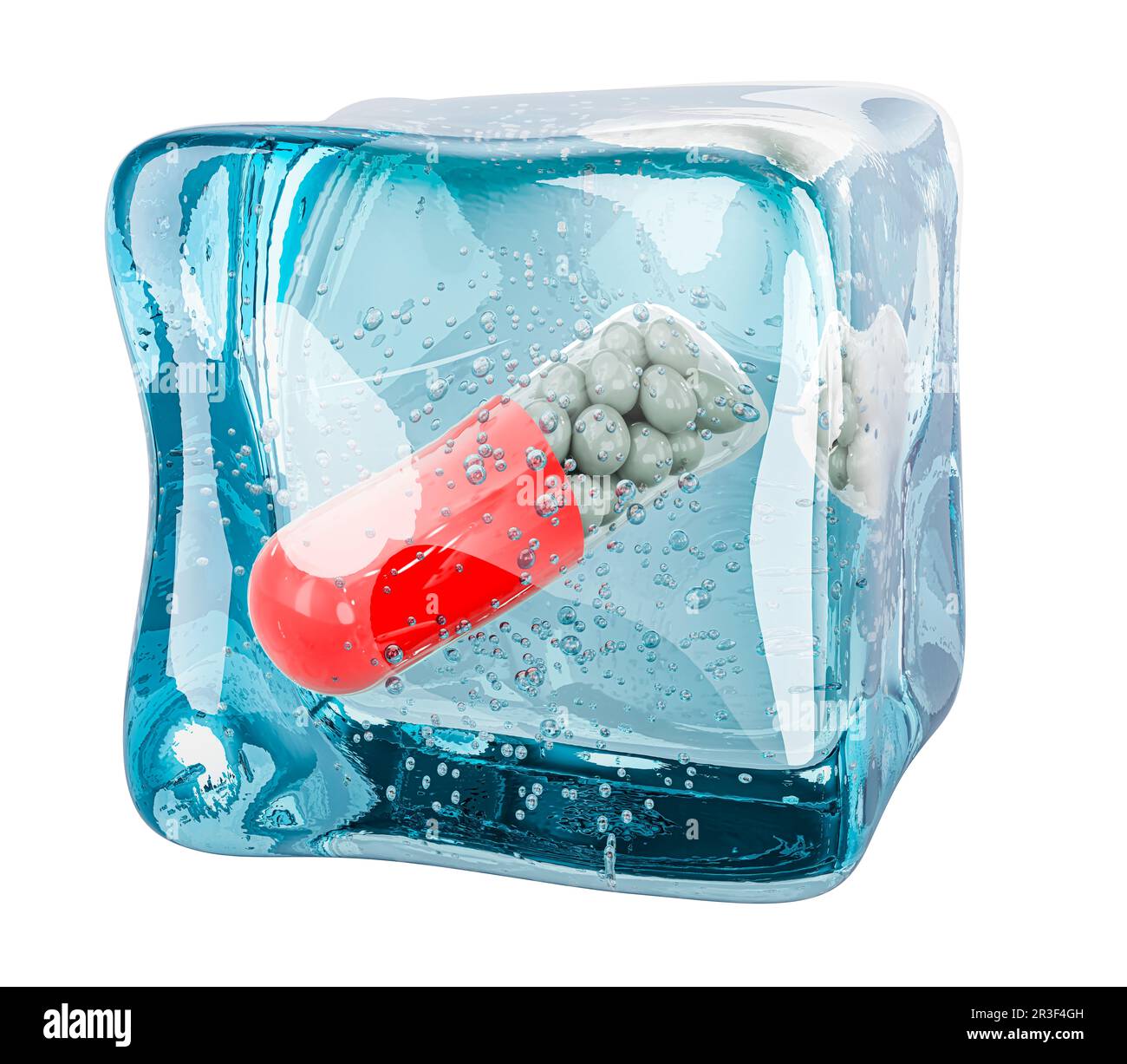 Medicament capsules frozen in ice cube, 3D rendering isolated on white ...