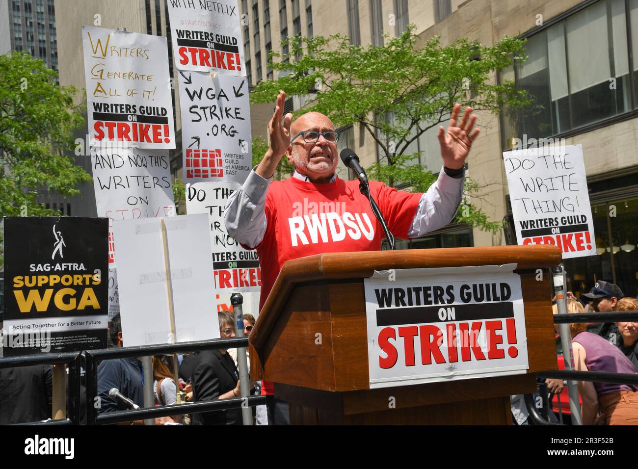 New York, USA. 23rd May, 2023. Stuart Appelbaum speaks at "Rally at the ...