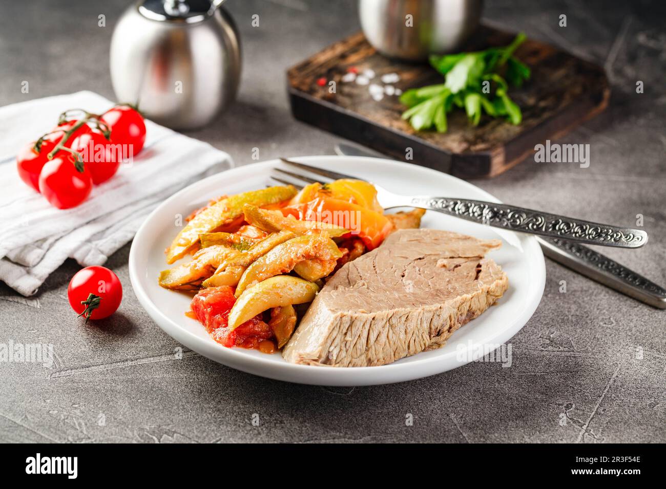 Dinner table with different dishes, set menu for nutritious healthy ...