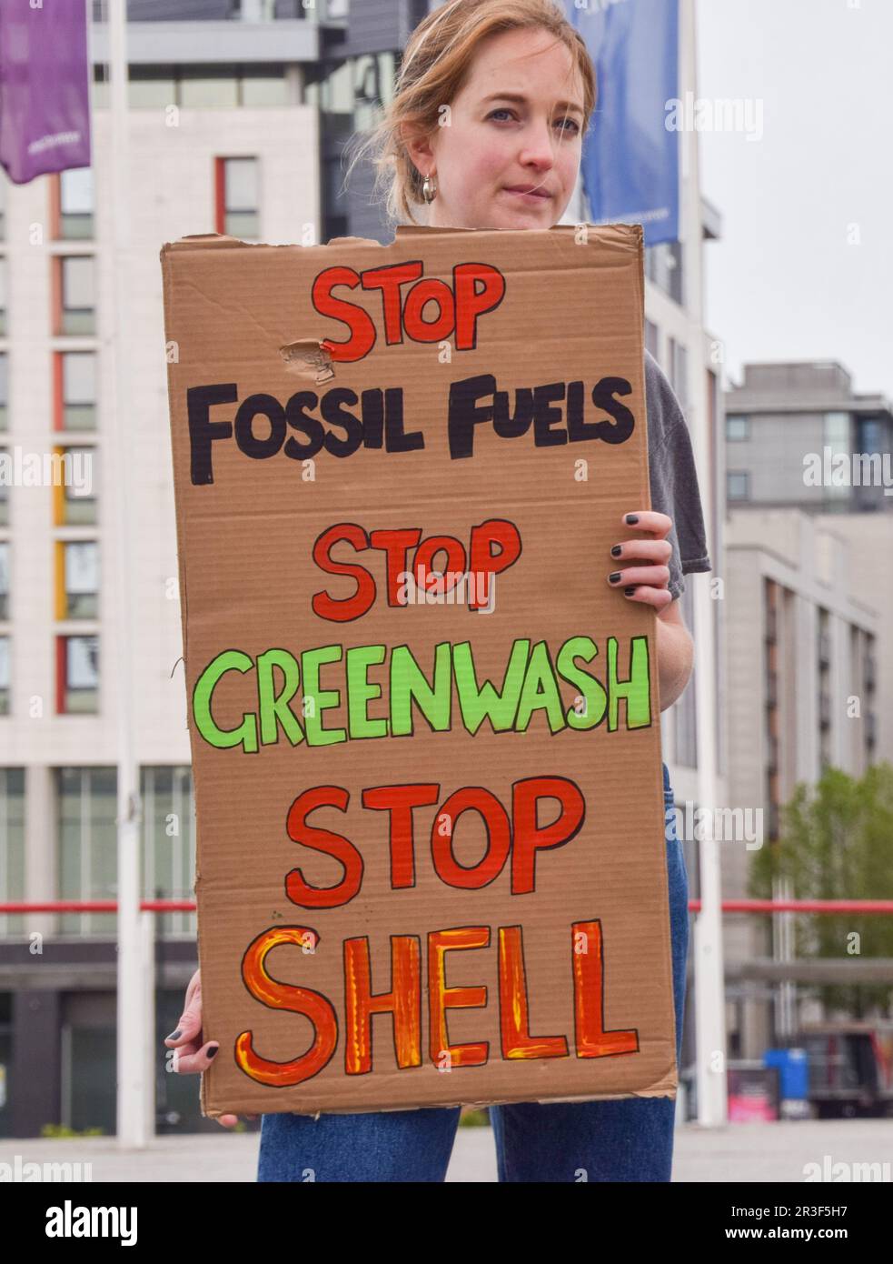 London, UK. 23rd May, 2023. A protester holds an anti-fossil fuels ...