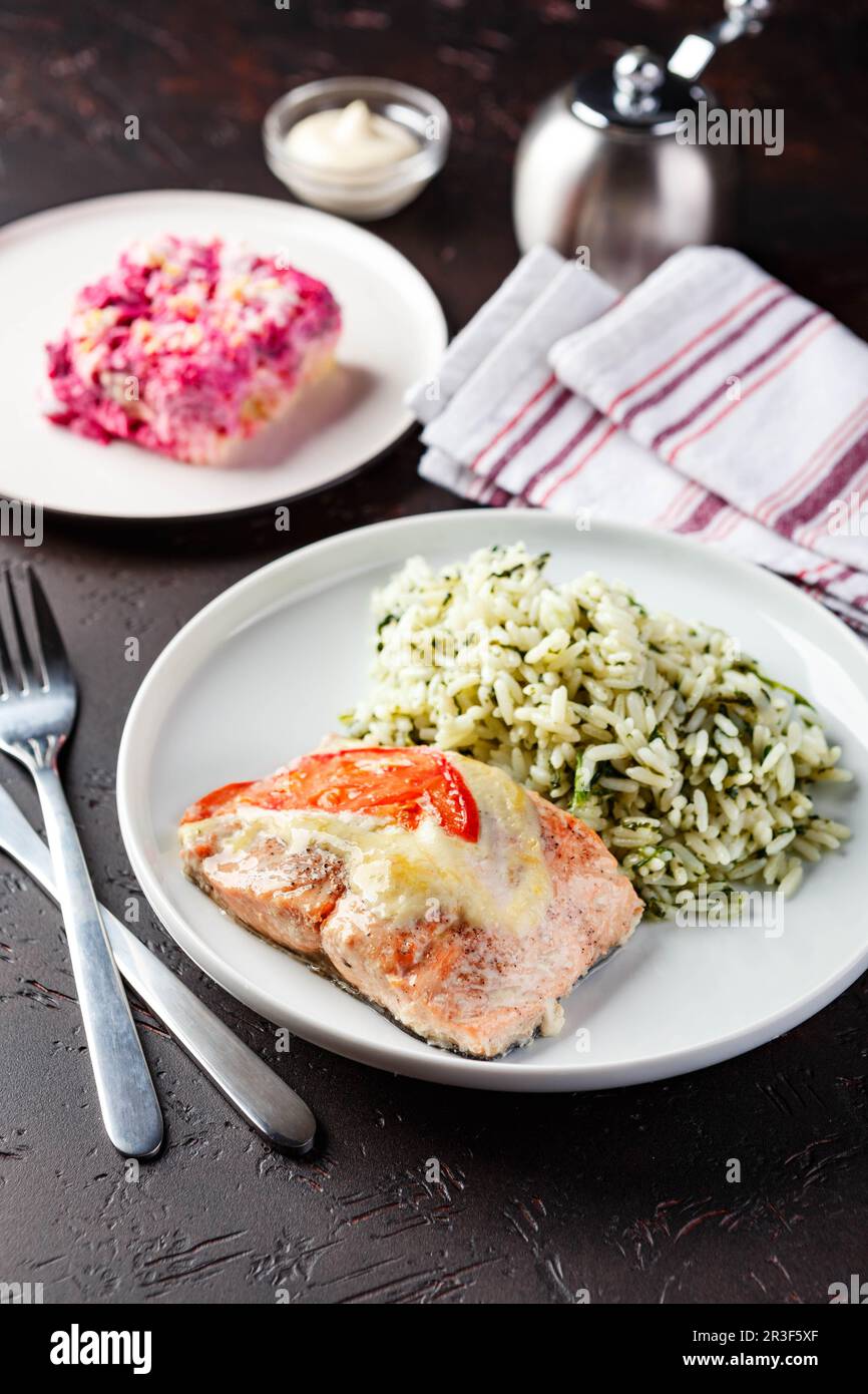 Dinner table with different dishes, set menu for nutritious healthy ...